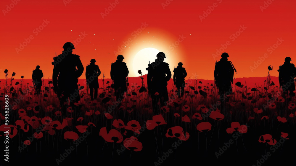 Remembrance Day. Silhouettes of soldiers at poppy field created with ...