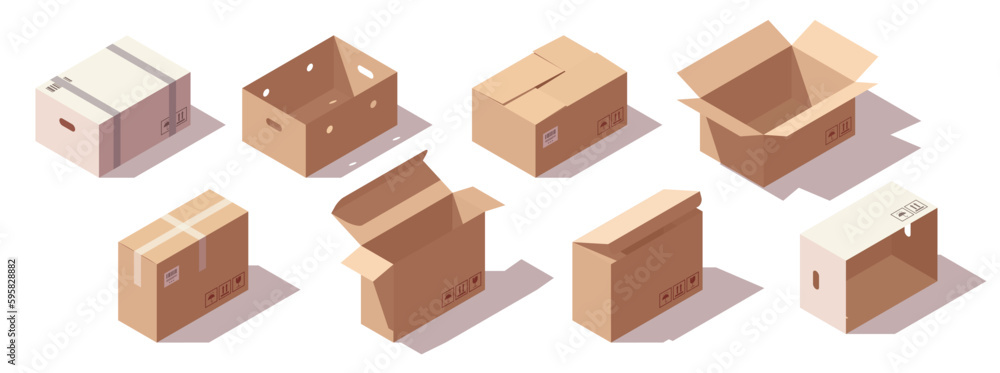 Isometric carton box set. Different types of cardboard boxes. Box for ...