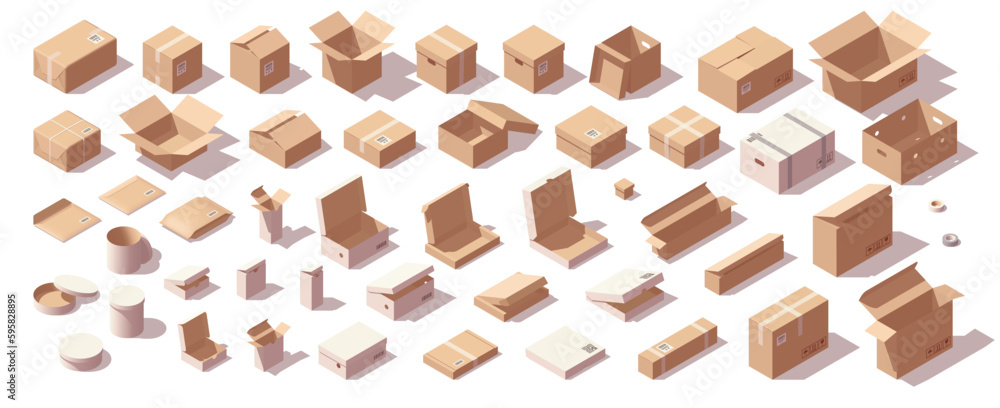 Big isometric carton box set. Different types of cardboard boxes. Box ...