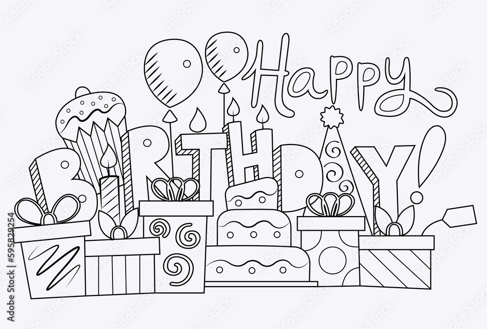 Happy Birthday Coloring Page Colorful And Fun Artwork Design Vector