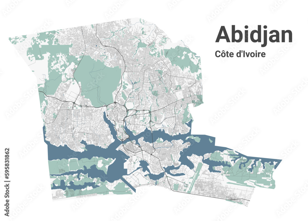 Abidjan map, capital city of Cote d'Ivoire. Municipal administrative area map with rivers and ...