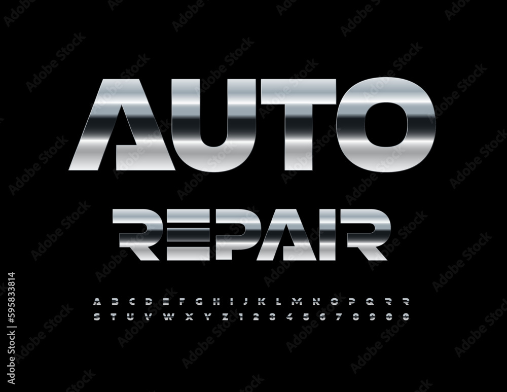 Vector industrial emblem Auto Repair. Futuristic silver Font. Metallic ...