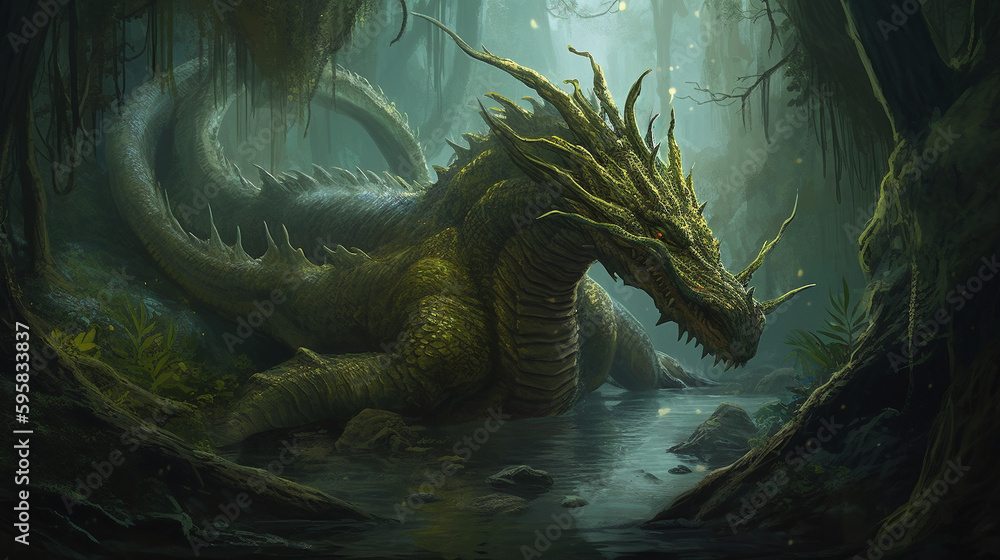 massive green dragon with venomous fangs, ai generated Stock ...