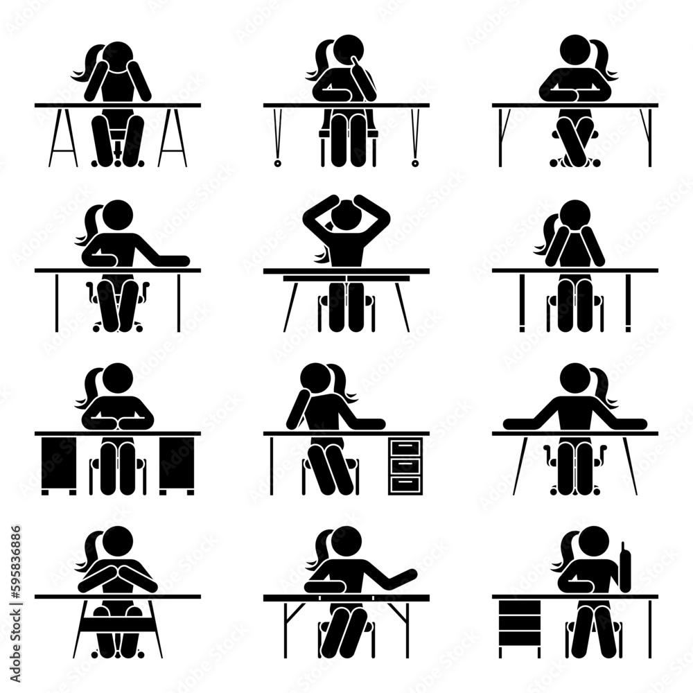 Stick figure woman sitting at table front view vector set. Stickman ...