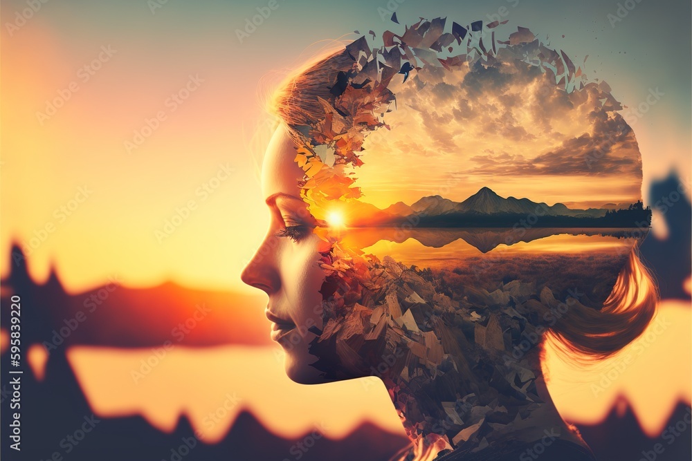 Double exposure image woman portrait with the orange sunset for ...
