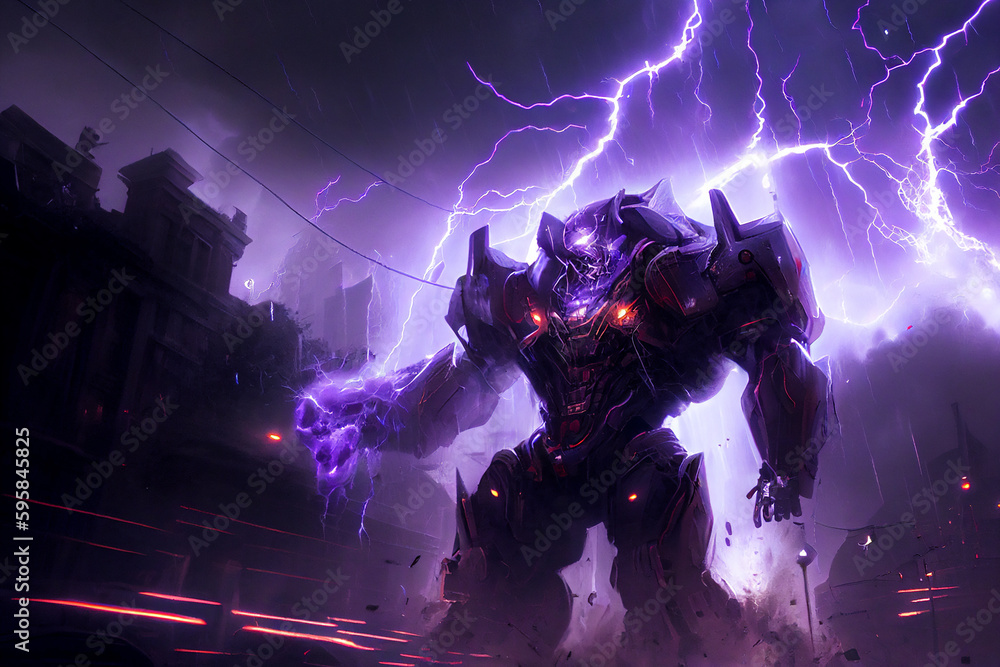 Android robot invasion in a street with a lightning bolt causing total ...