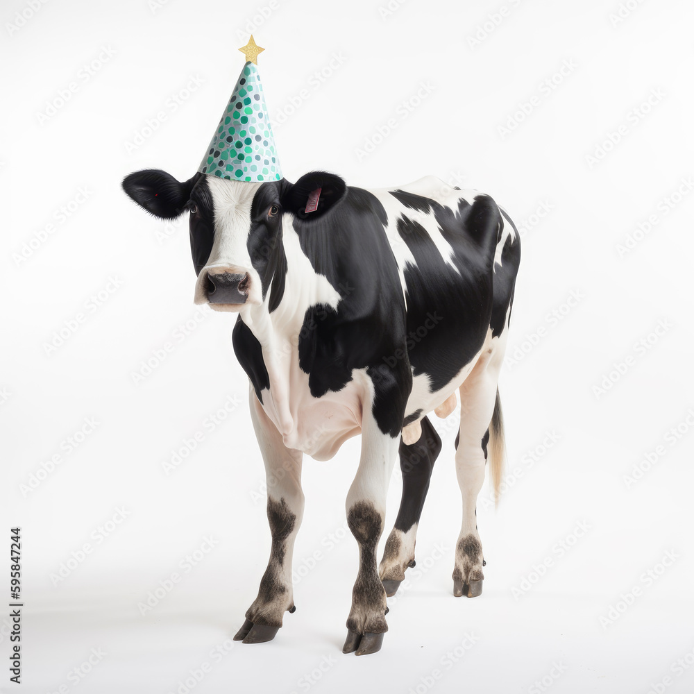 Dairy Cow Wearing A Birthday Party Hat On White Background Stock ...