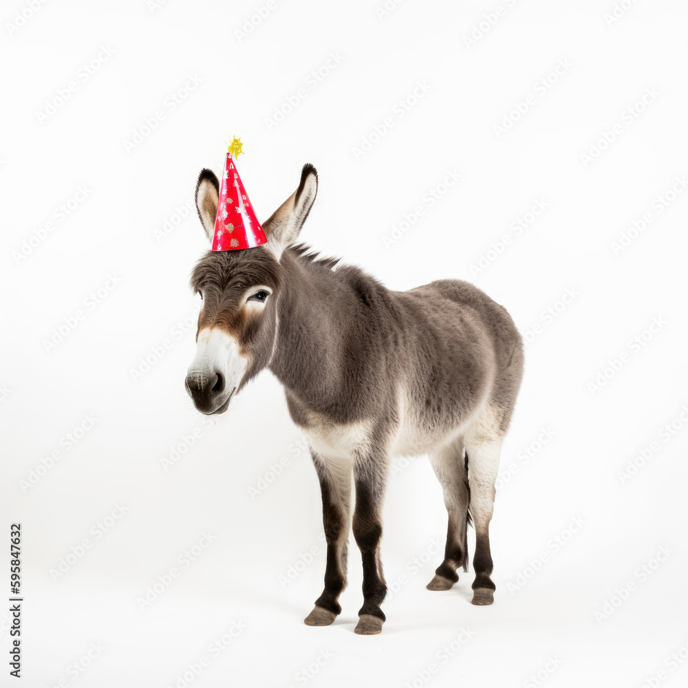 A donkey or ass wearing a party hat isolated on a white background ...