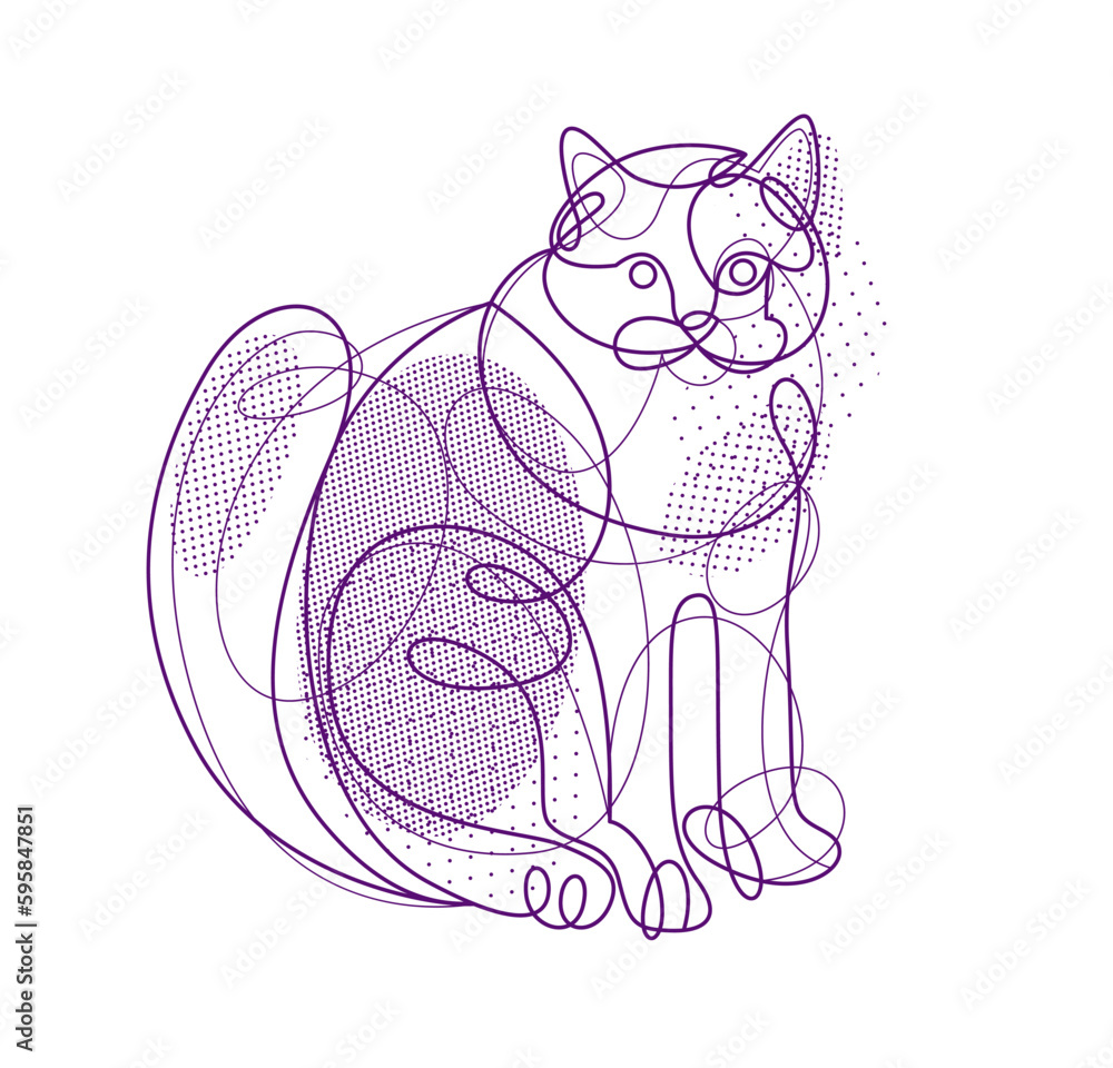 Nice cute cat linear vector illustration, line art drawing of pussycat ...