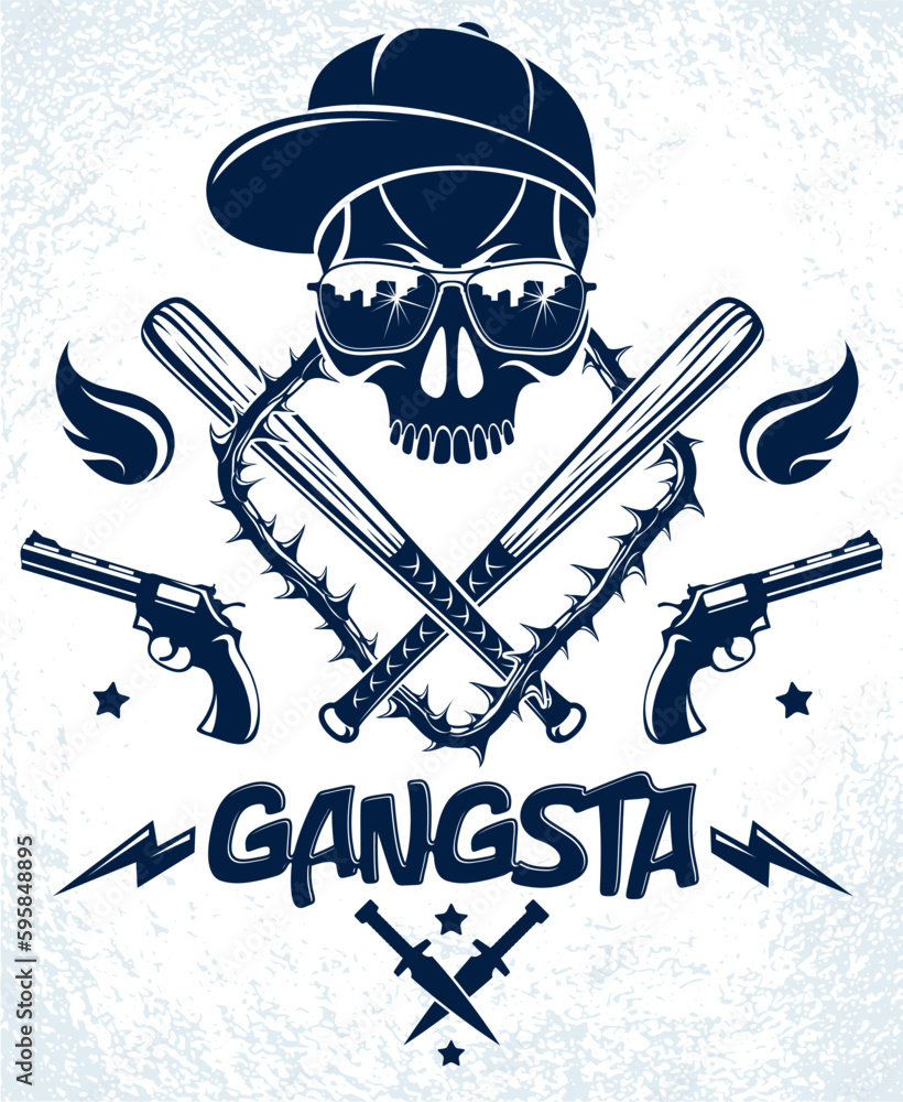 Gangster emblem logo or tattoo with aggressive skull baseball bats and ...
