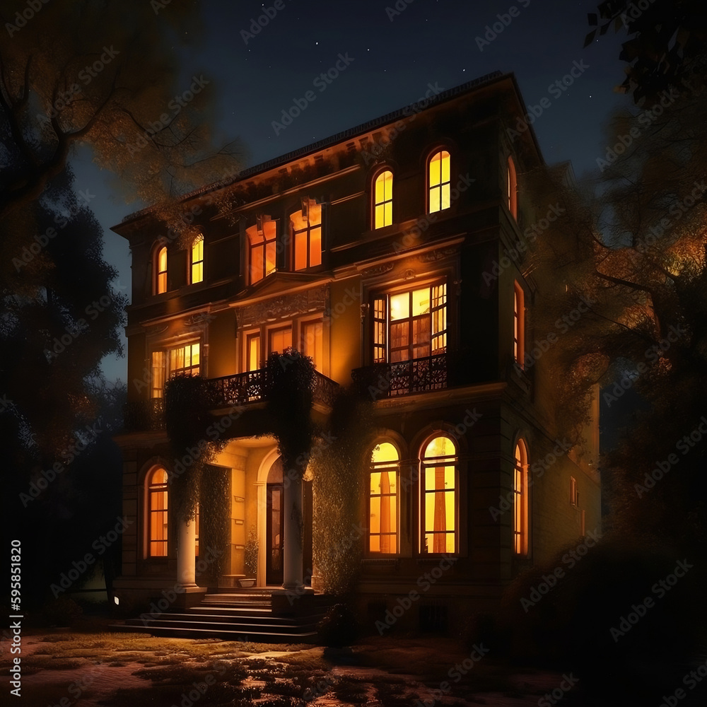 cool looking mansion, dark, yellow light coming out of the windows, AI ...