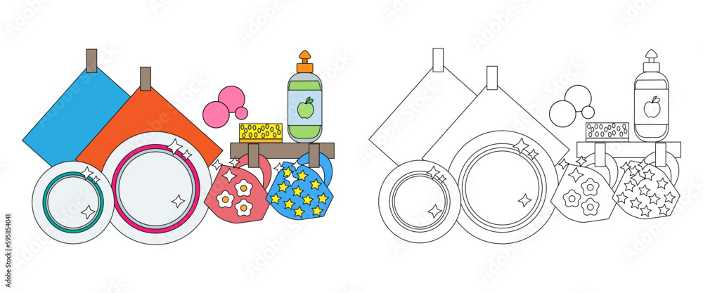 Vector illustration coloring book of a kitchen corner with clean dishes ...