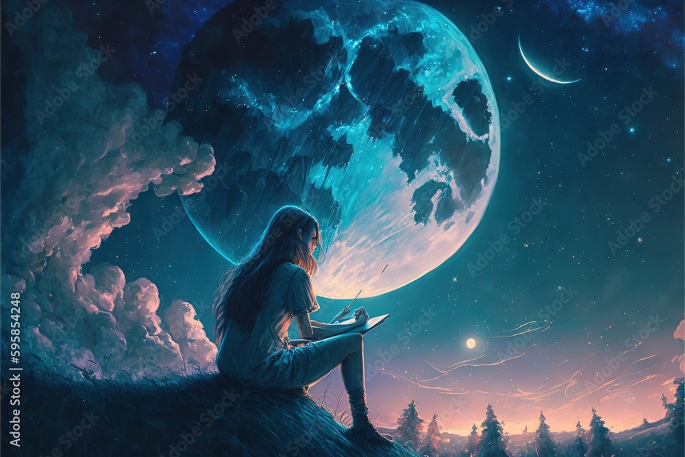 Young girl painting fairytale moonlight and blue sky of the starry ...