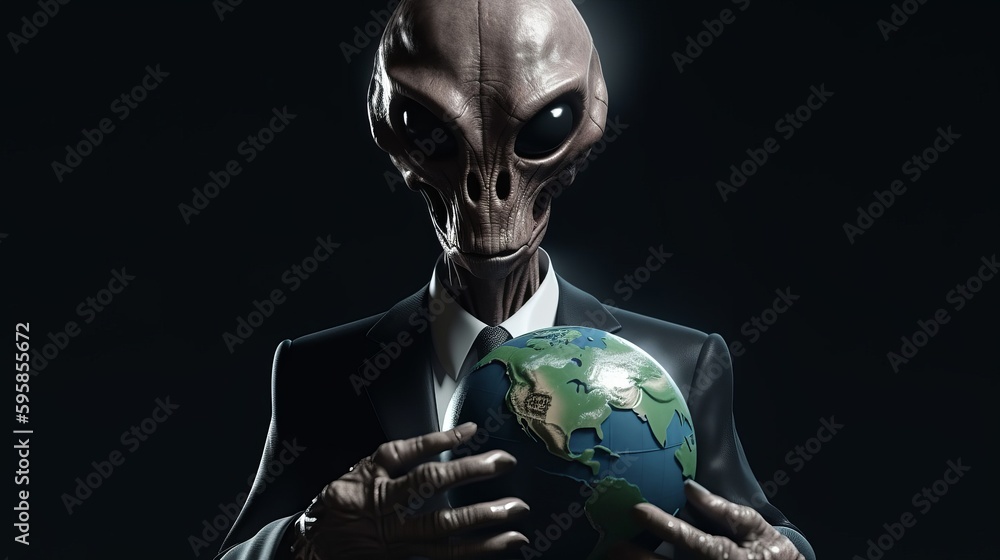 Alien dressed as a banker holding an earth planet. Generative ai Stock ...