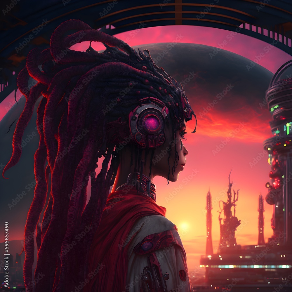 female alien red skin dread lock tentacles in front of space ship dock ...