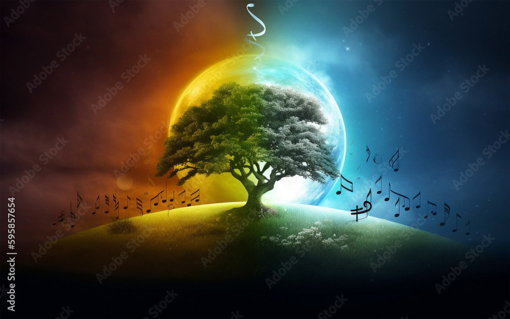 Harmony of nature, music notes on sky sourrounding green tree ...