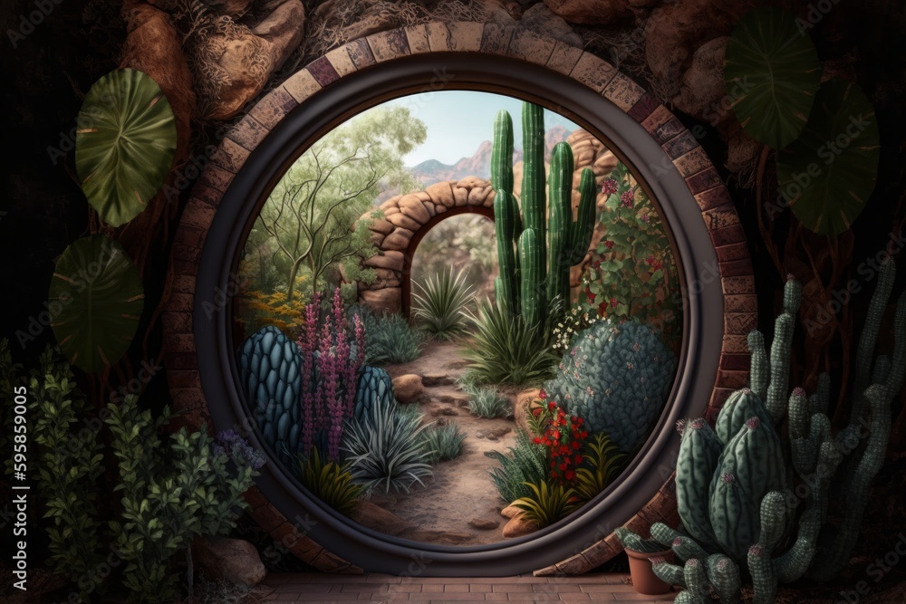 Generative AI render of a cactus garden in a round window frame Stock ...