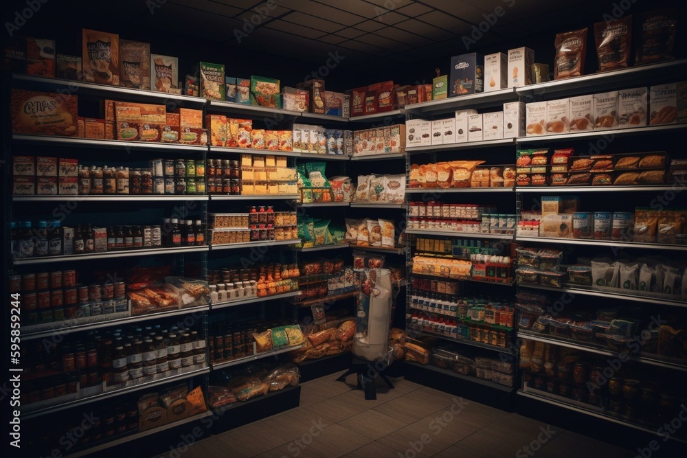 Shelves stocked with non-brand items at the grocery store. Generative ...
