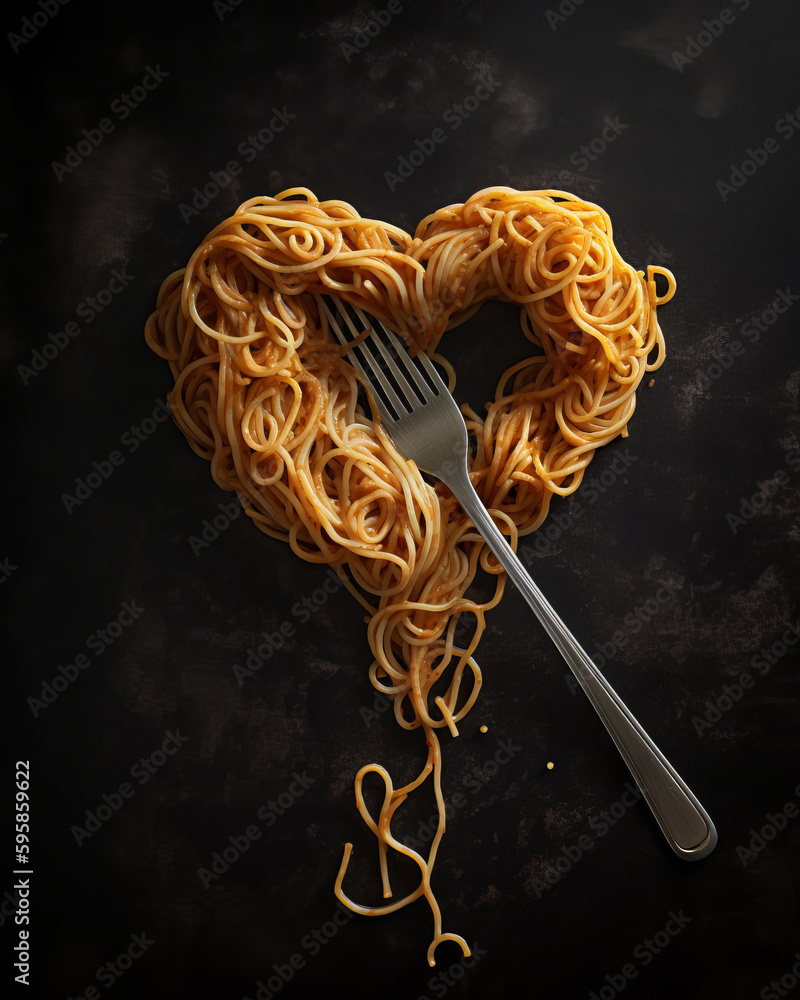 Swirls of cooked spaghetti with a fork. spaghetti heart shape. black ...