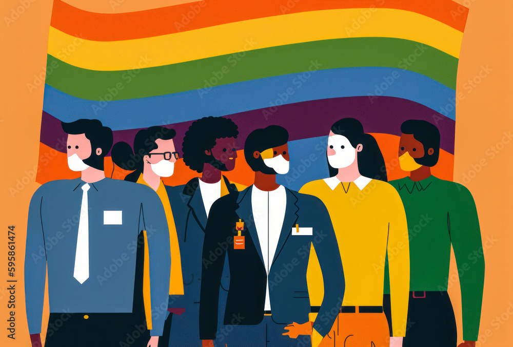 Group of colleagues, proudly displaying a brightly colored rainbow flag ...