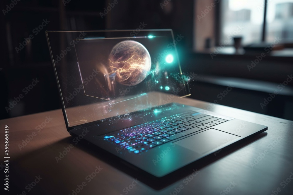 Flying laptop with futuristic holographic display. Generative AI Stock ...