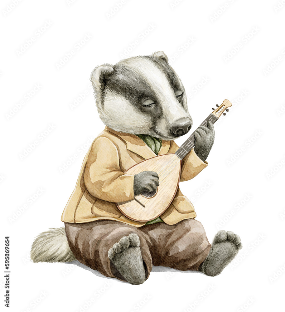 Watercolor vintage boy badger musician in clothes sitting and playing ...