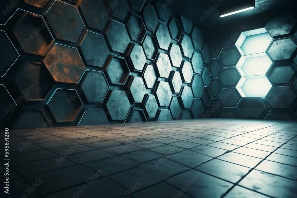 3D futuristic hexagonal tile wallpaper on polished concrete wall ...