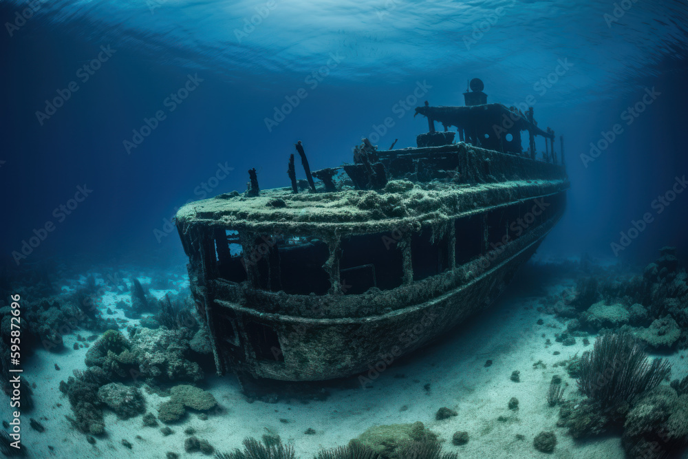 Sunken wreck at ocean's floor - Ship's remains resting amidst vibrant ...