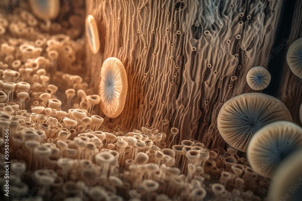 Microscopic view of mold spores within host cells in wood for ...
