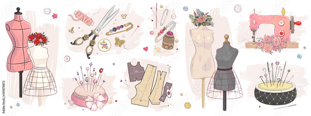 Vector hand drawn sewing retro set. Collection of highly detailed hand ...