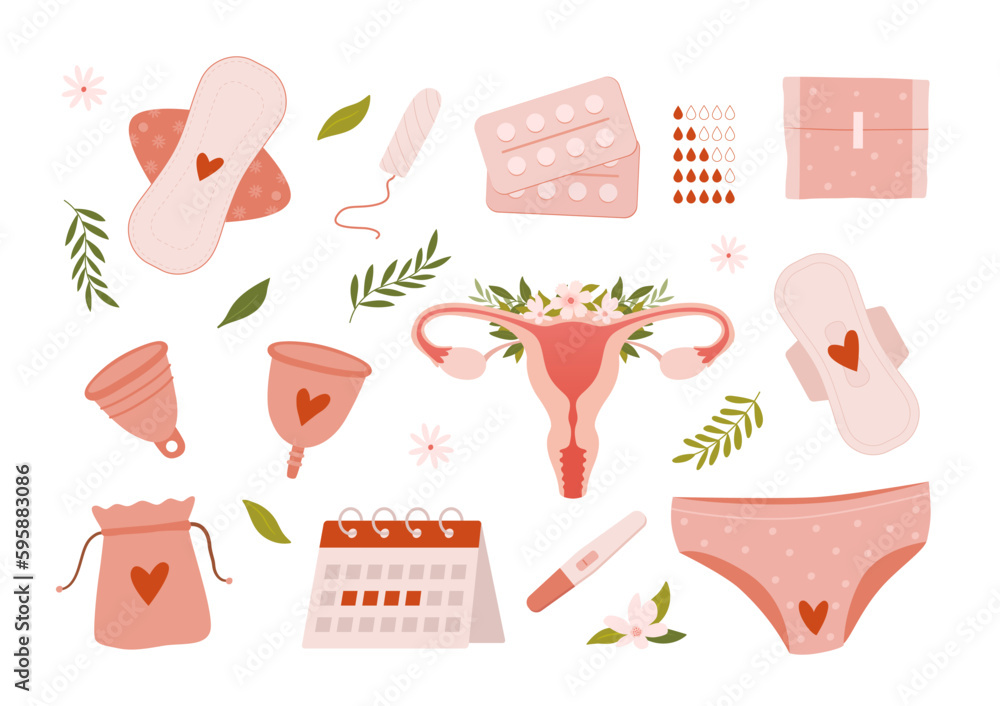 Set of women period vector illustrations. Menstruation cup, cycle ...