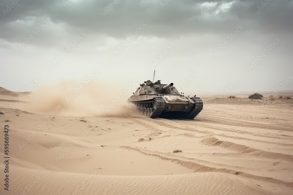 Armored war tank on desert during army invasion in storm and sand ...