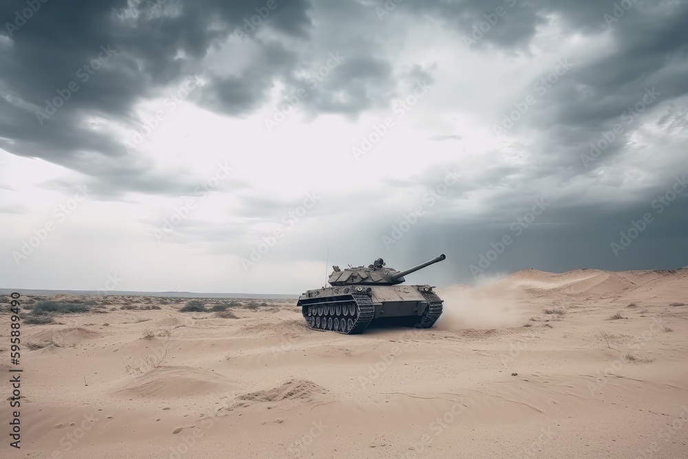 Armored war tank on desert during army invasion in storm and sand ...