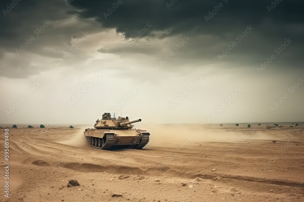 Armored war tank on desert during army invasion in storm and sand ...