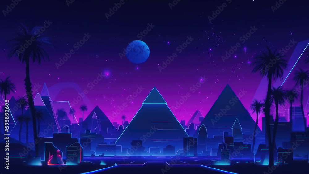 Night moon futuristic neon cairo egypt city with pyramid background ...