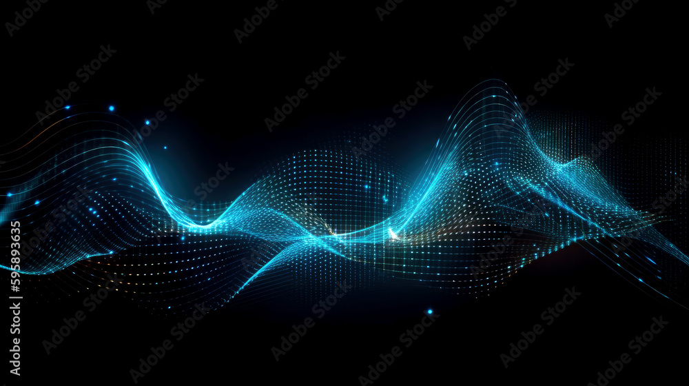 Cyan and blue background, digital signature with wave particles ...