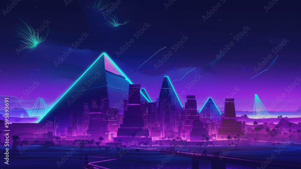 Night moon futuristic neon cairo egypt city with pyramid background ...