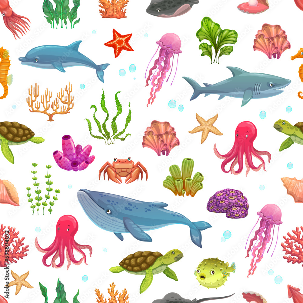 Cartoon underwater animals, seaweeds, fish and corals seamless pattern ...