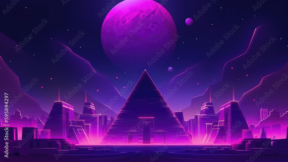 Night moon futuristic neon cairo egypt city with pyramid background ...