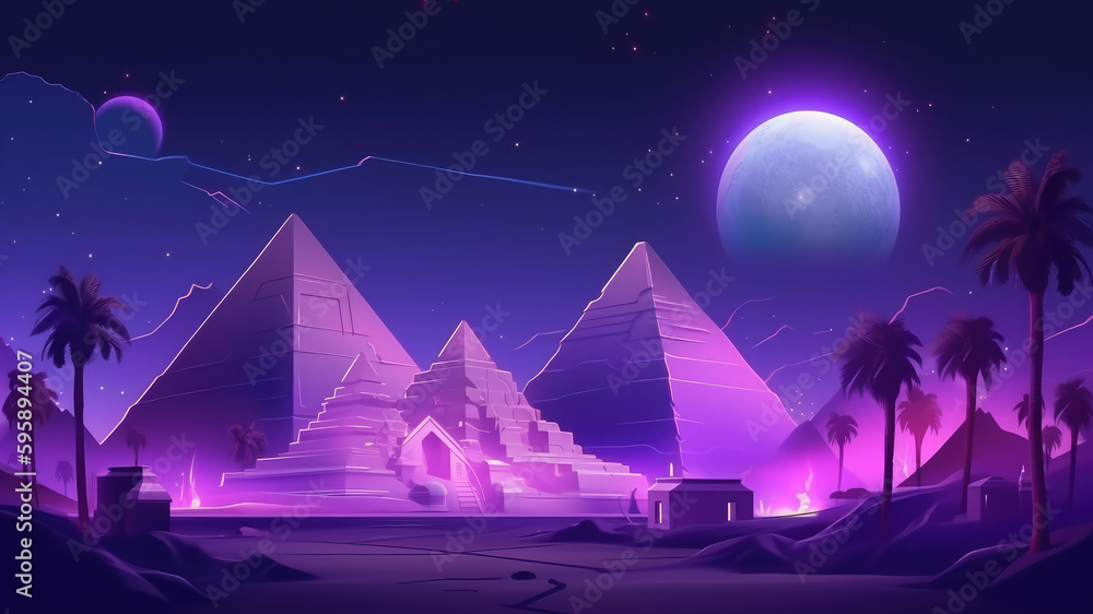 Night moon futuristic neon cairo egypt city with pyramid background ...