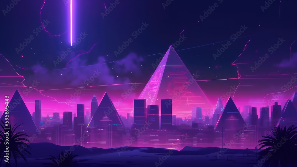 Night moon futuristic neon cairo egypt city with pyramid background ...