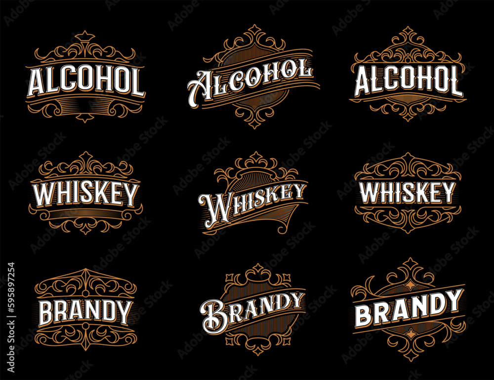 Vintage alcohol labels. Whiskey, brandy badge flourish embellishments ...