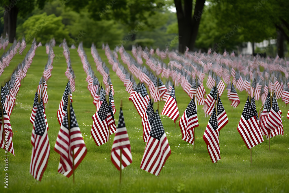 Small American flags and headstones at cemetary for Memorial Day ...