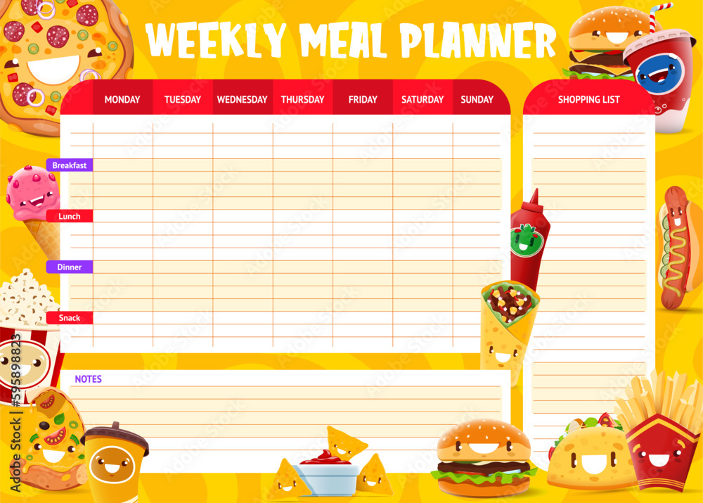 Weekly meal planner, funny cartoon takeaway fast food characters ...