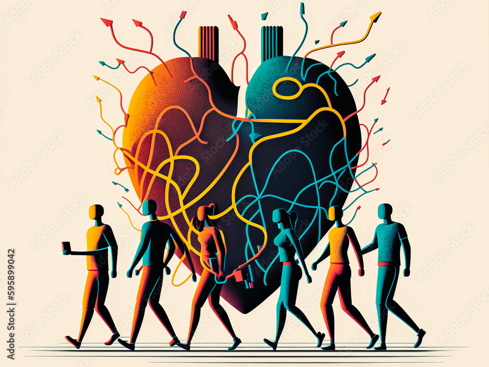 People stand with devices, connecting a core of digital lines ...