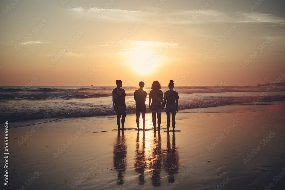 Behind a group of friends on the beach at sunset. tranquility in front ...