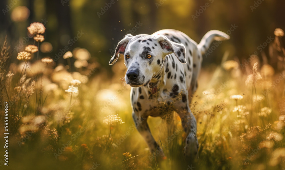 Dalmatian captured in motion as it dashes through a sun-drenched meadow ...