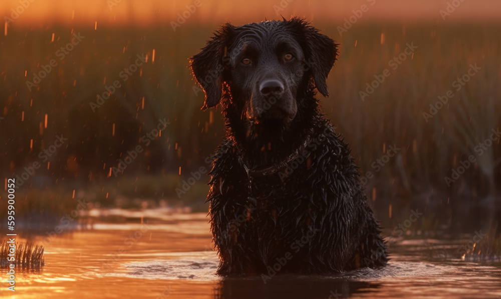 Curly-coated retriever emerging from marshy wetland at sunrise. golden ...