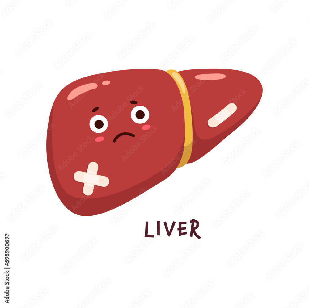 Liver sick, body organ character injured or unhealthy, cartoon vector ...