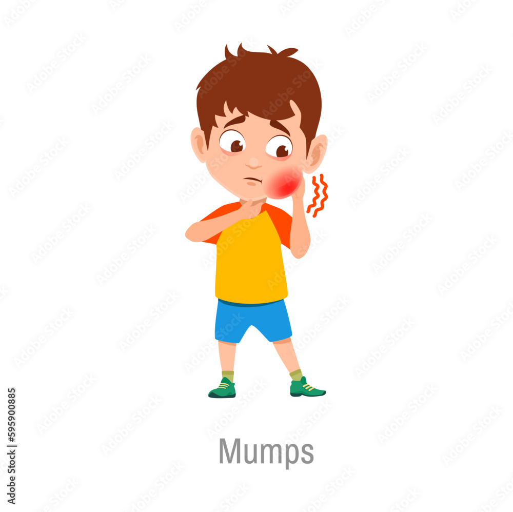 Mumps child disease, isolated vector sick boy with painful swelling in ...